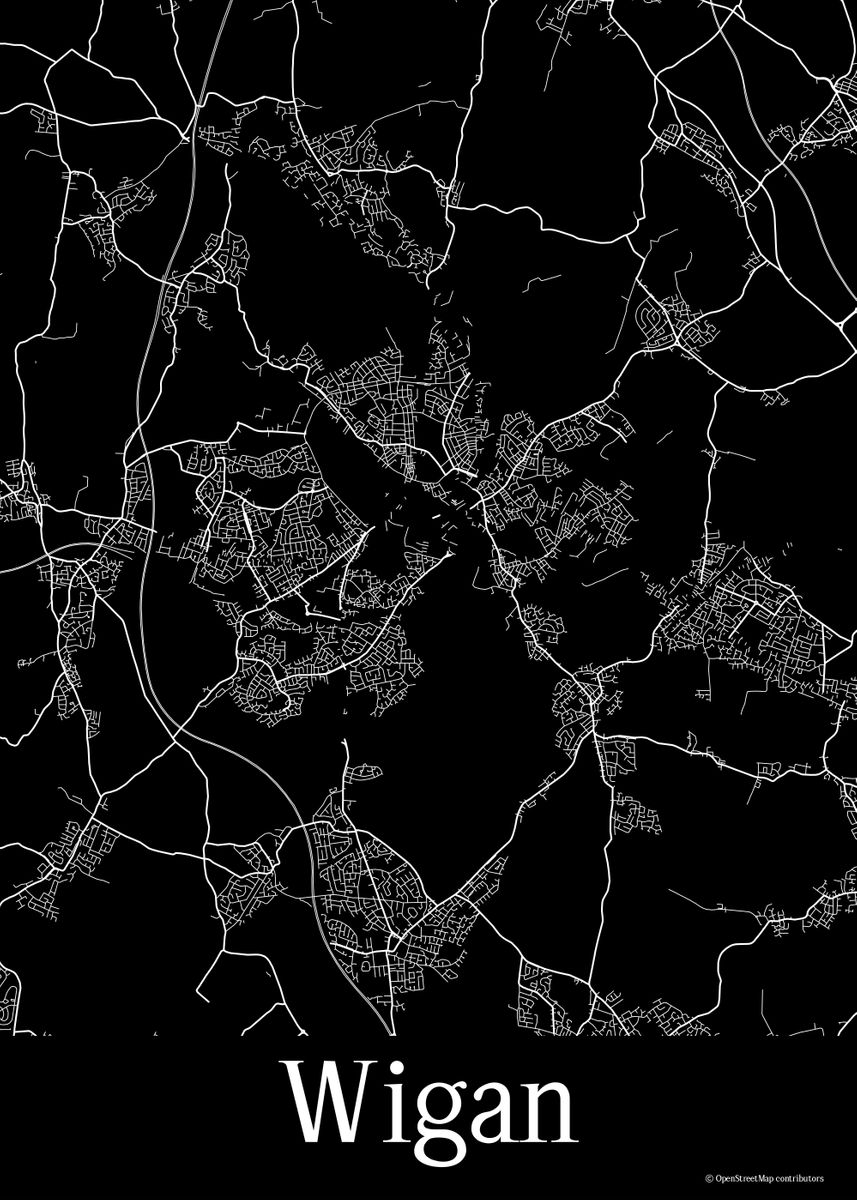 'Wigan UK Black Map' Poster, picture, metal print, paint by Mappingz ...