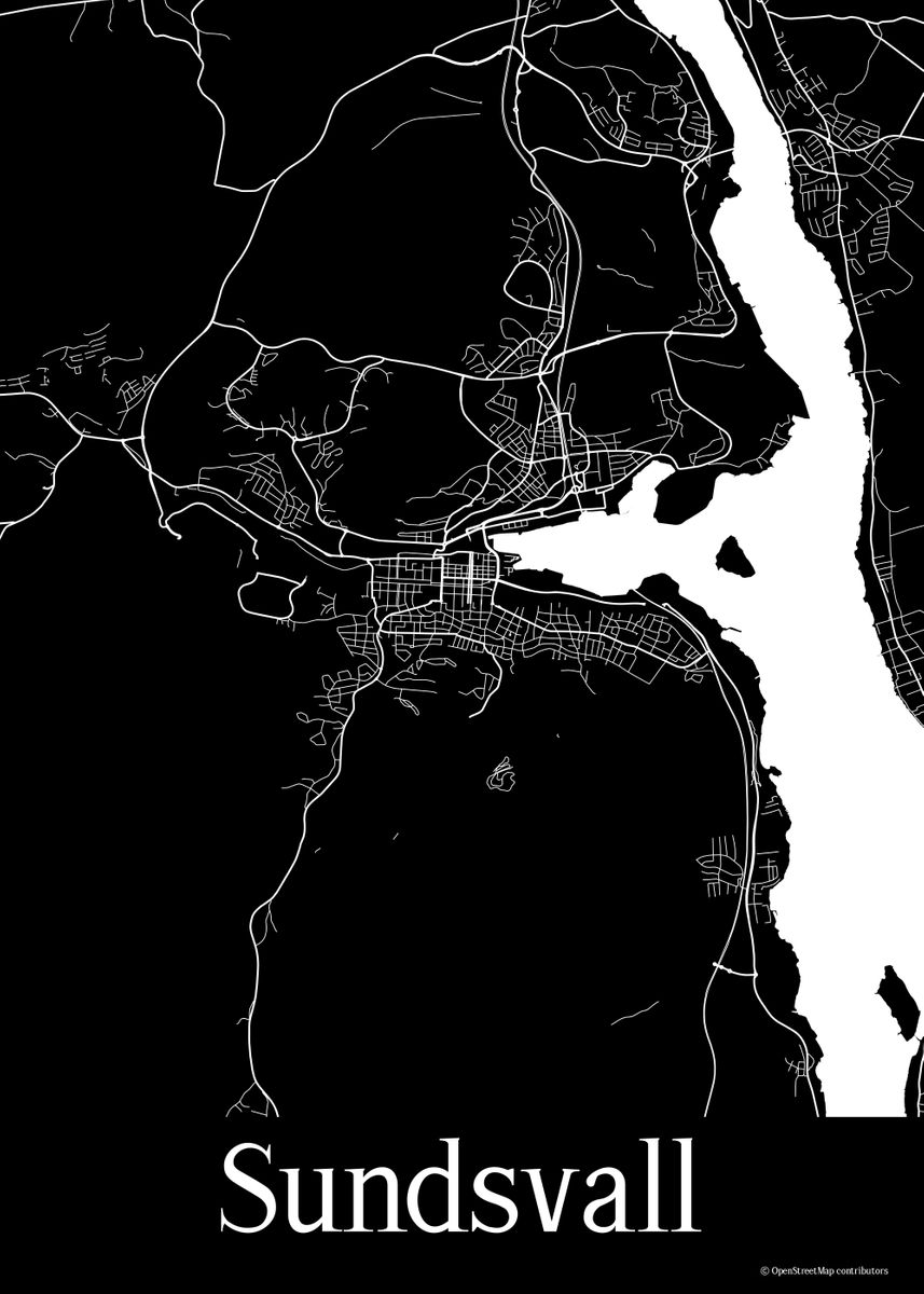'Sundsvall Sweden Black Map' Poster, picture, metal print, paint by ...