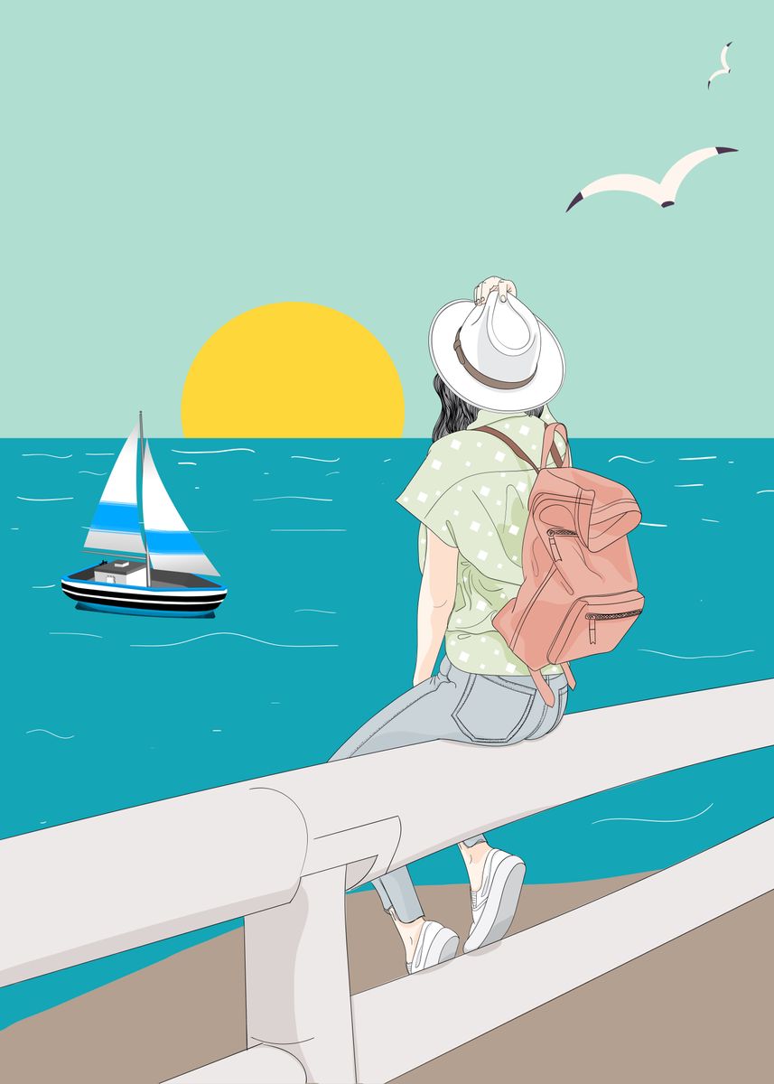 'Girl at the Sea Beach' Poster, picture, metal print, paint by Max Ronn ...