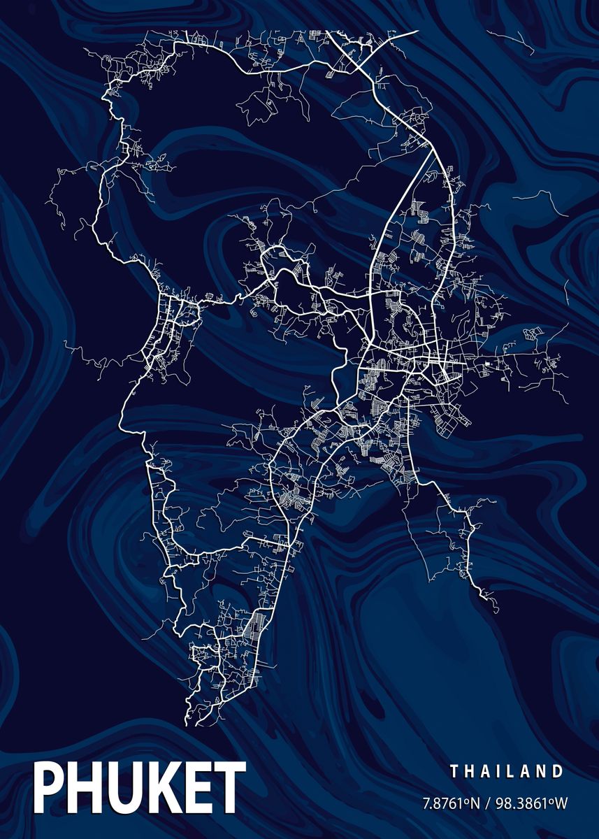 'Phuket City Map Thailand' Poster, picture, metal print, paint by Max ...