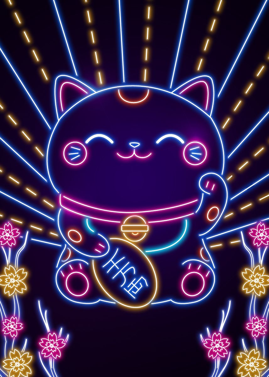'Neon Maneki Neko' Poster, picture, metal print, paint by Donnie | Displate