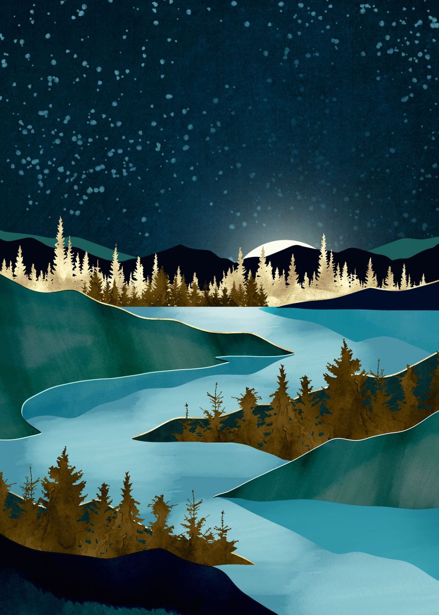 'Autumn River Night' Poster, picture, metal print, paint by SpaceFrog ...