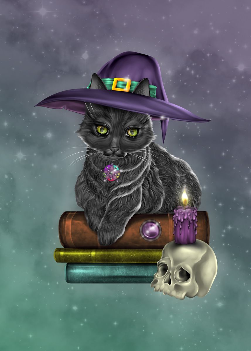 'Mystical Witches Black Cat' Poster, picture, metal print, paint by ...