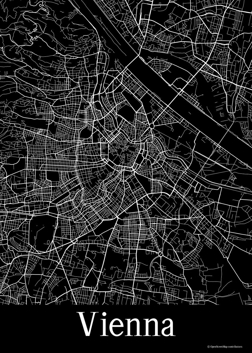 'Vienna Austria Black Map' Poster, picture, metal print, paint by ...