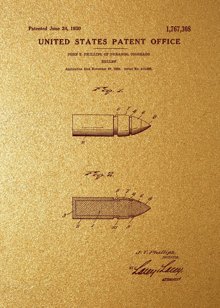 '27 Bullet Patent 1930' Poster, picture, metal print, paint by Yuliya ...