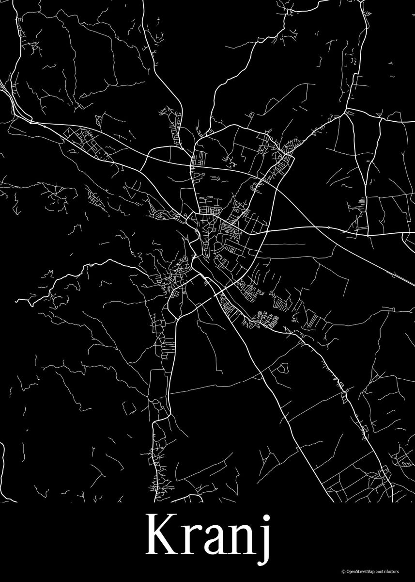 'Kranj Slovenia Black Map' Poster, picture, metal print, paint by ...