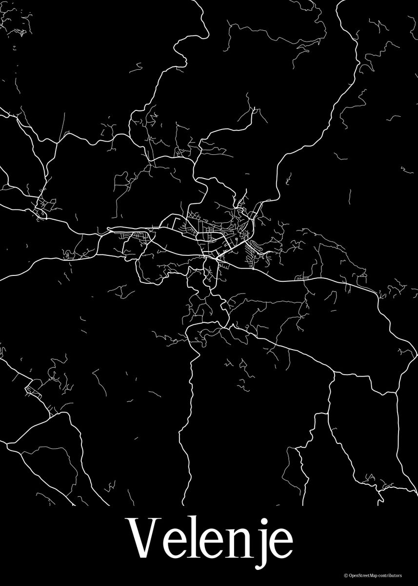 'Velenje Slovenia Black Map' Poster, picture, metal print, paint by ...