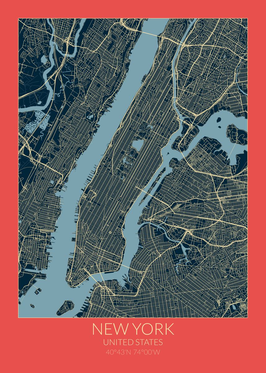 'New York Map Red Blue' Poster, picture, metal print, paint by dkDesign ...