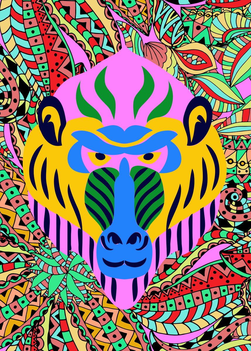 'Vibrant Colorful Baboon' Poster, picture, metal print, paint by Simon ...