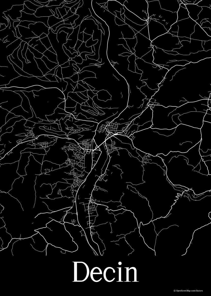 'Decin Czechia Black Map' Poster by Mappingz | Displate
