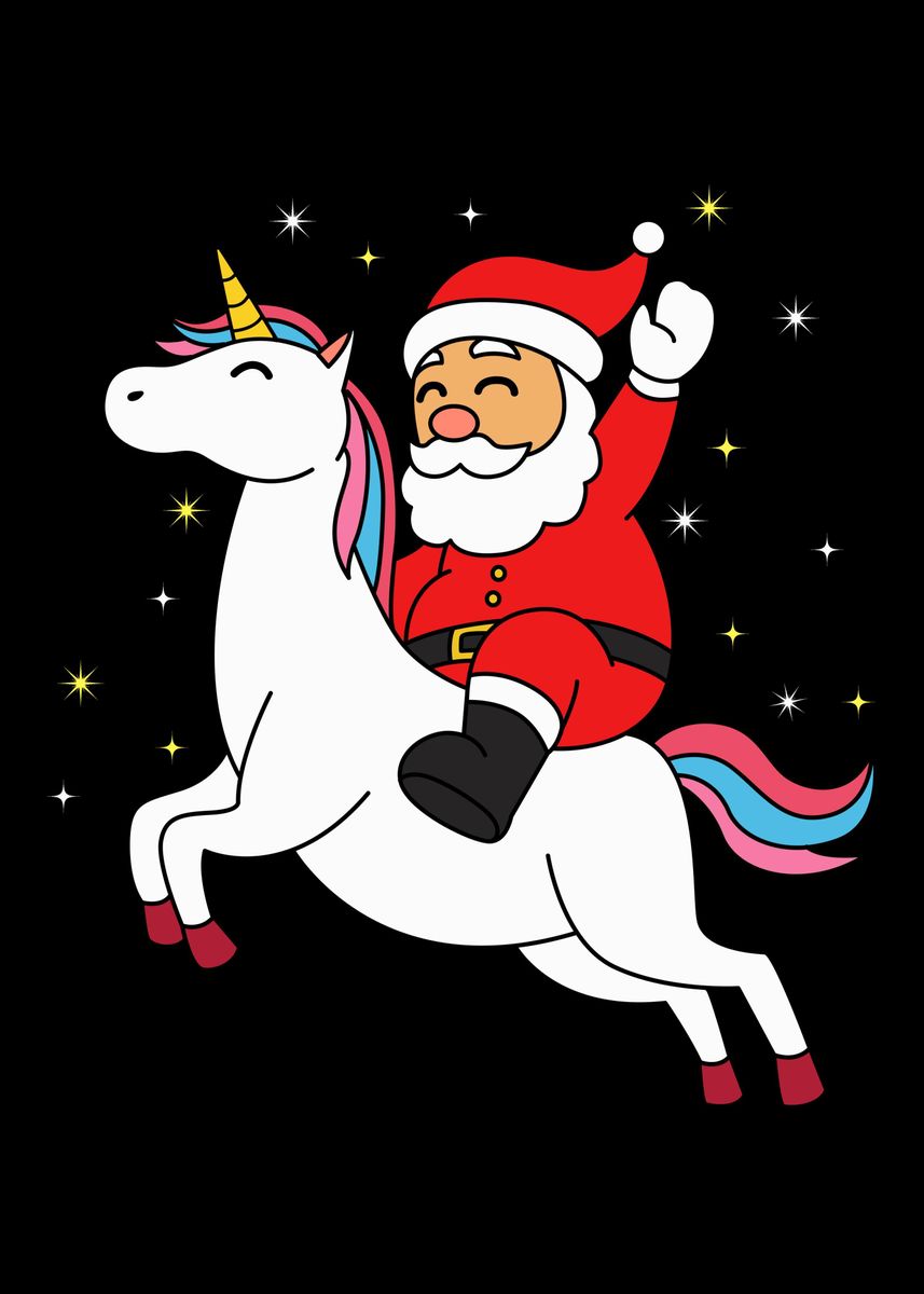 'Santa Riding Unicorn Xmas' Poster, picture, metal print, paint by ...