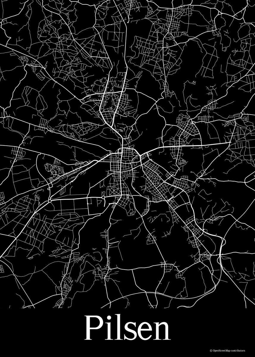 'Pilsen Czechia Black Map' Poster, picture, metal print, paint by ...