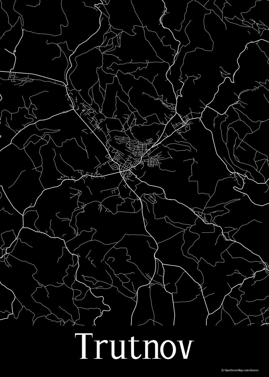 'Trutnov Czechia Black Map' Poster, picture, metal print, paint by ...