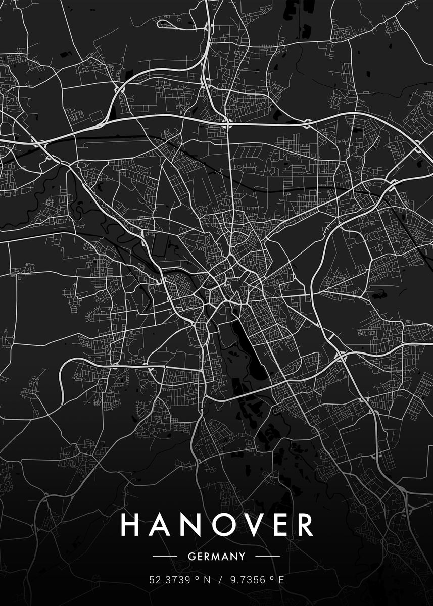 'Hanover City Map Dark' Poster, picture, metal print, paint by MVDZ ...