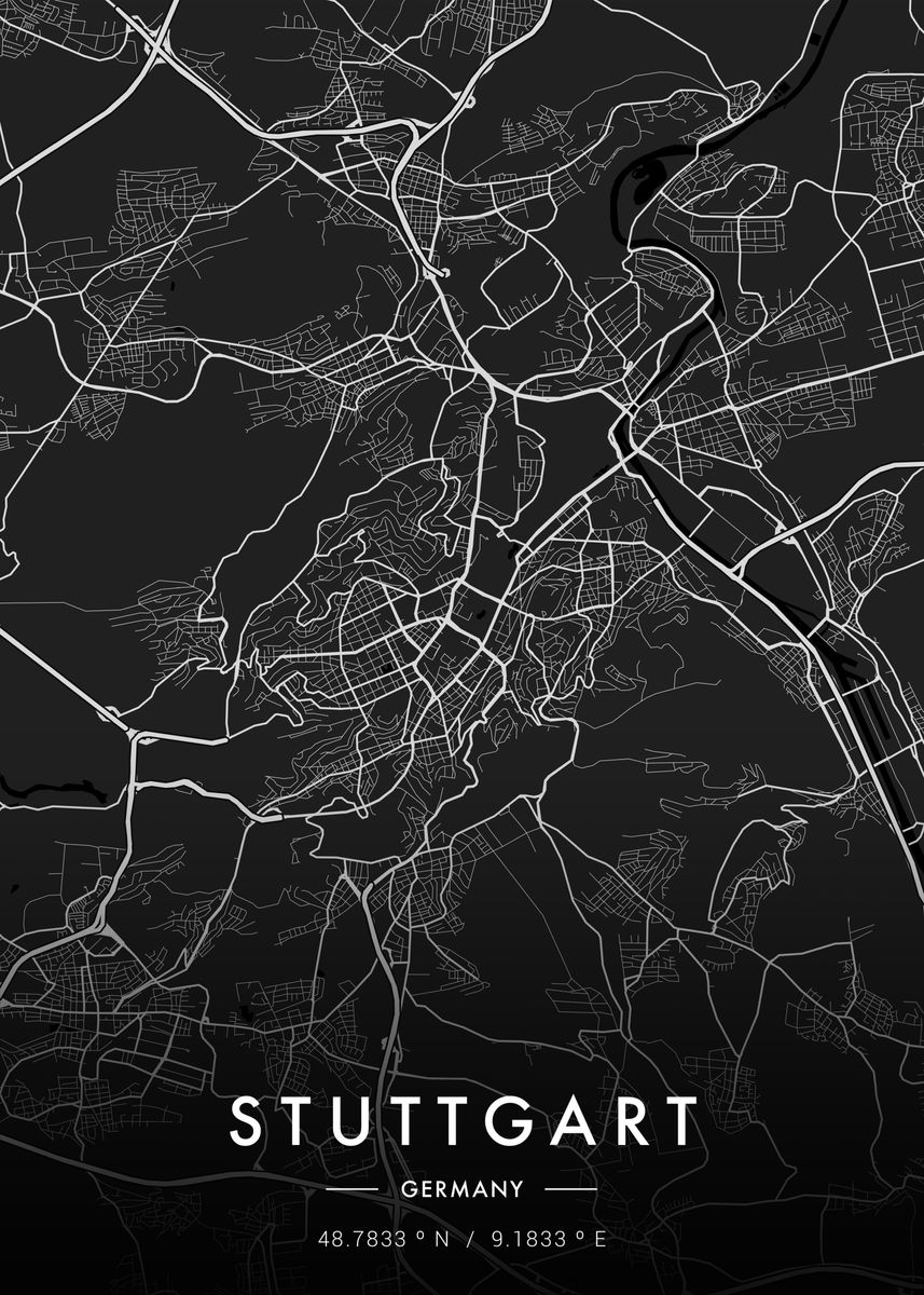 'Stuttgart City Map Dark' Poster, picture, metal print, paint by MVDZ ...
