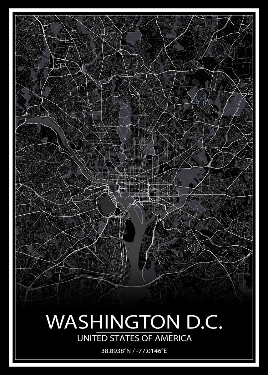 'Washington DC Black Map' Poster, picture, metal print, paint by Wall ...