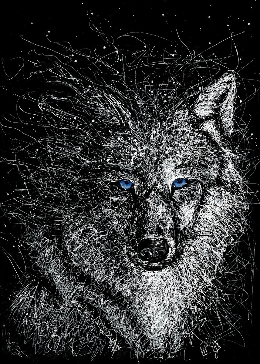 'white wolf scribble art' Poster, picture, metal print, paint by Manuella Eggs | Displate