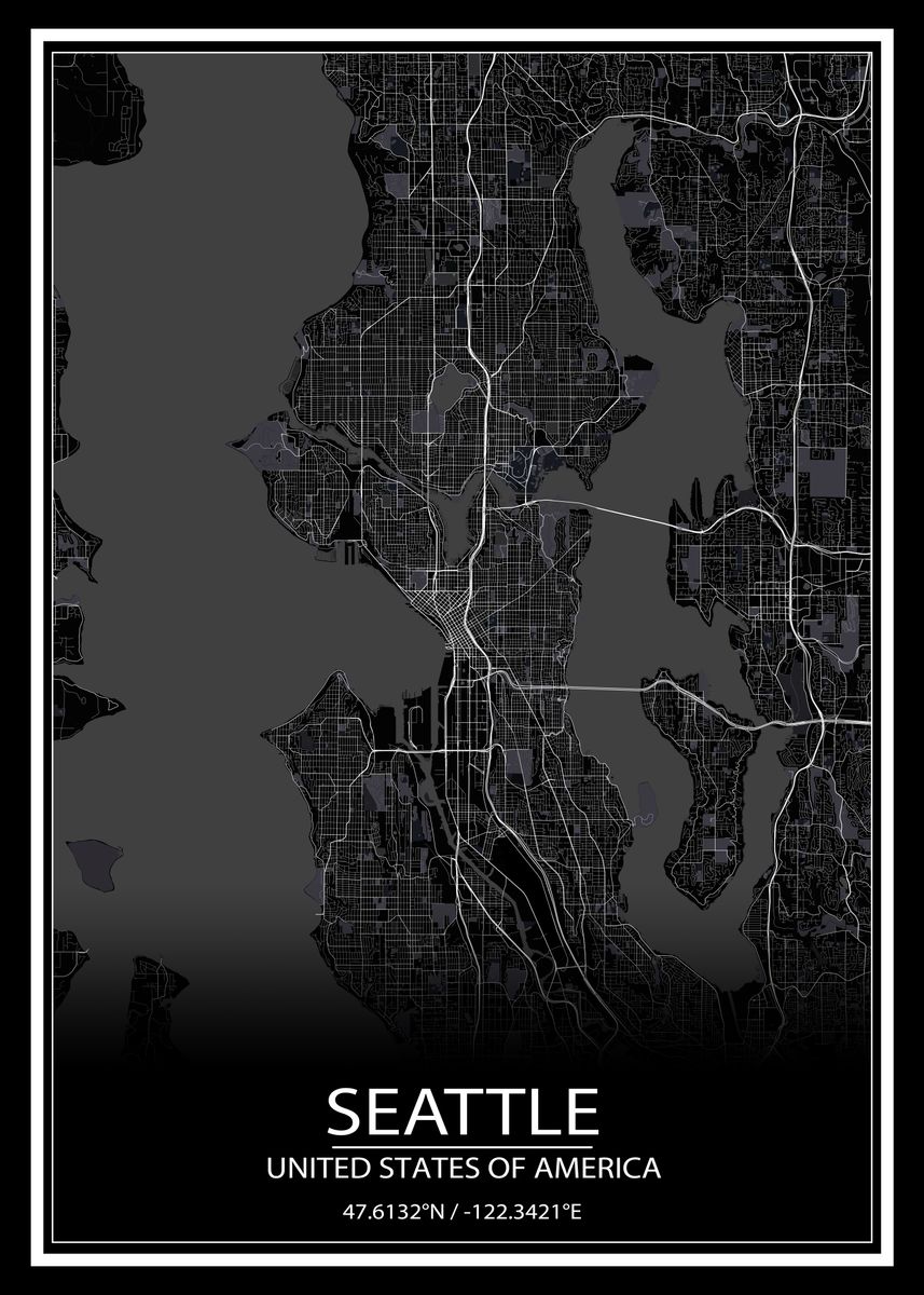 'Seattle Black Map' Poster, picture, metal print, paint by Wall Art ...