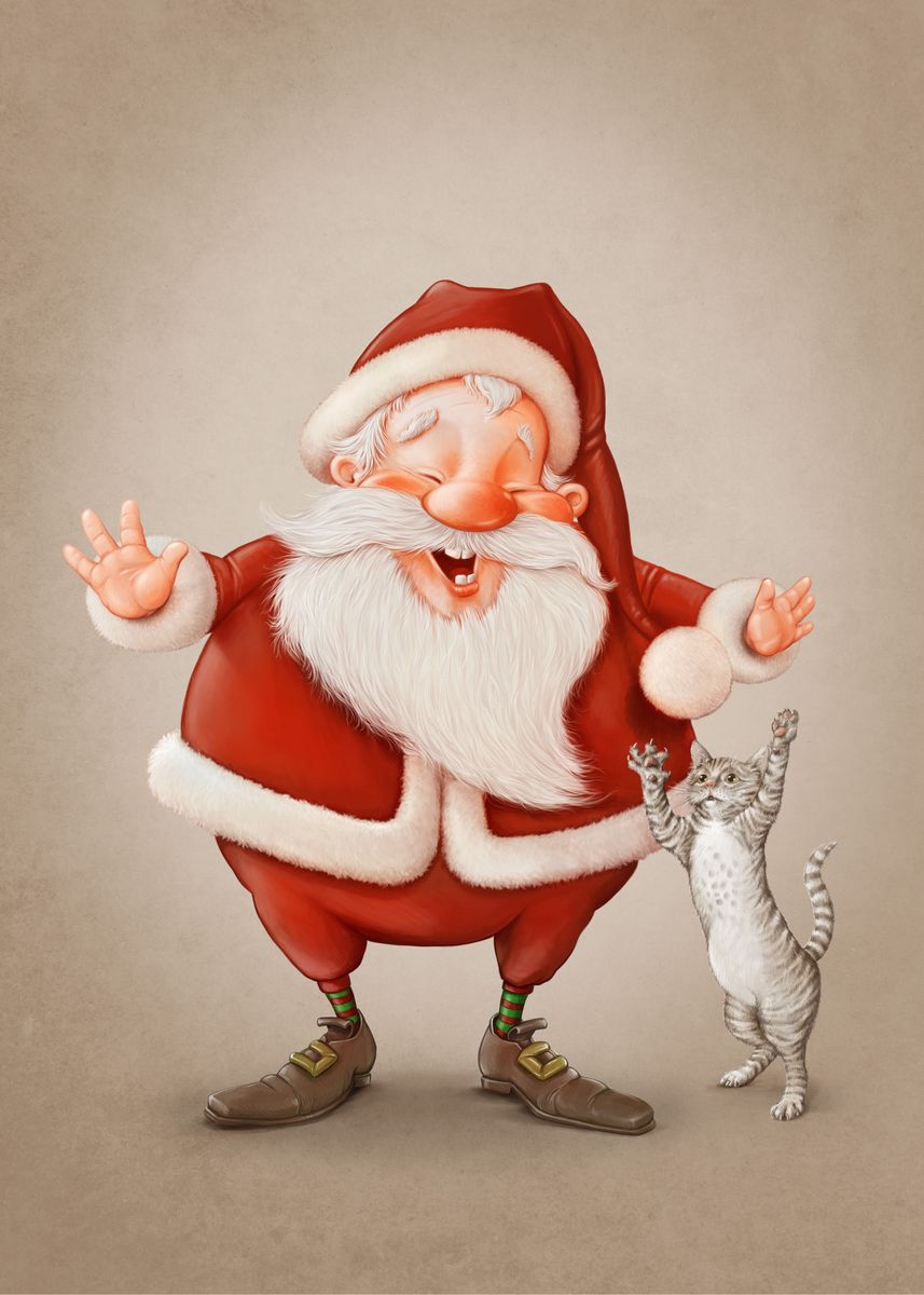 'Santa with the playful cat' Poster, picture, metal print, paint by ...