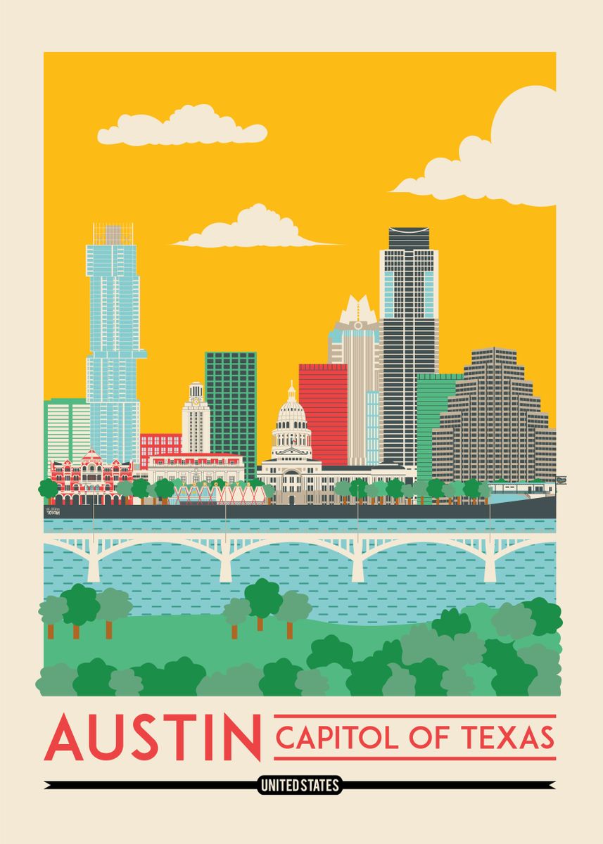 'Austin cityscape' Poster, picture, metal print, paint by The Creative ...