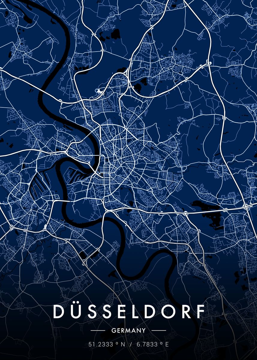'Dusseldorf City Map Blue' Poster, picture, metal print, paint by MVDZ ...
