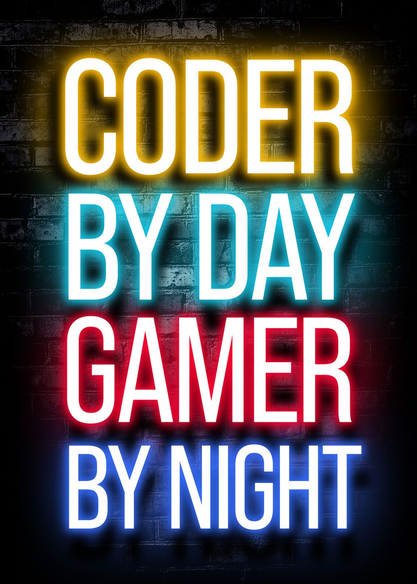 'Coder and gamer day night' Poster, picture, metal print, paint by ...