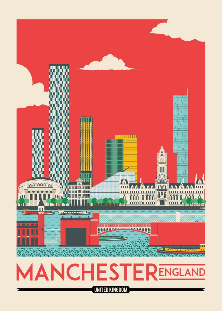 'Manchester Cityscape' Poster, picture, metal print, paint by The ...