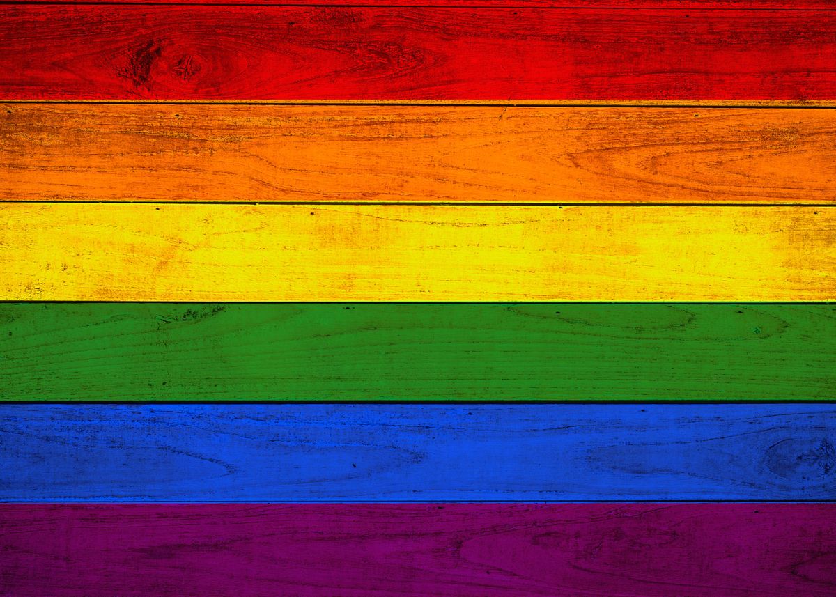 'Rainbow flag wooden wall' Poster by Mark Dubienski | Displate