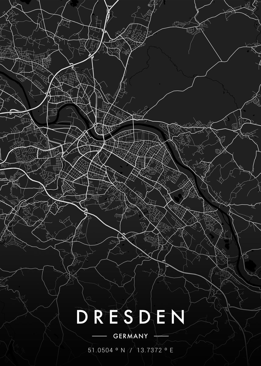 'Dresden City Map Dark' Poster, picture, metal print, paint by MVDZ ...