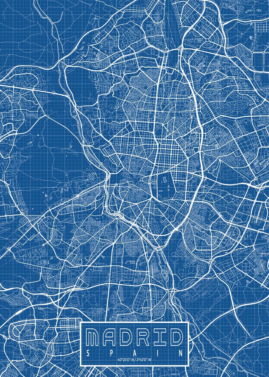 'Madrid City Map Blueprint' Poster, picture, metal print, paint by ...
