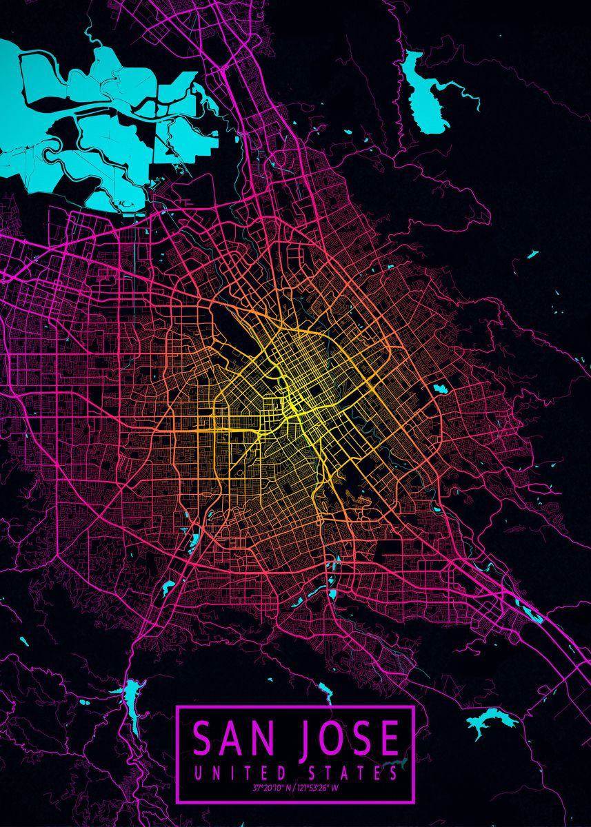 'San Jose City Map Neon' Poster, picture, metal print, paint by deMAP ...