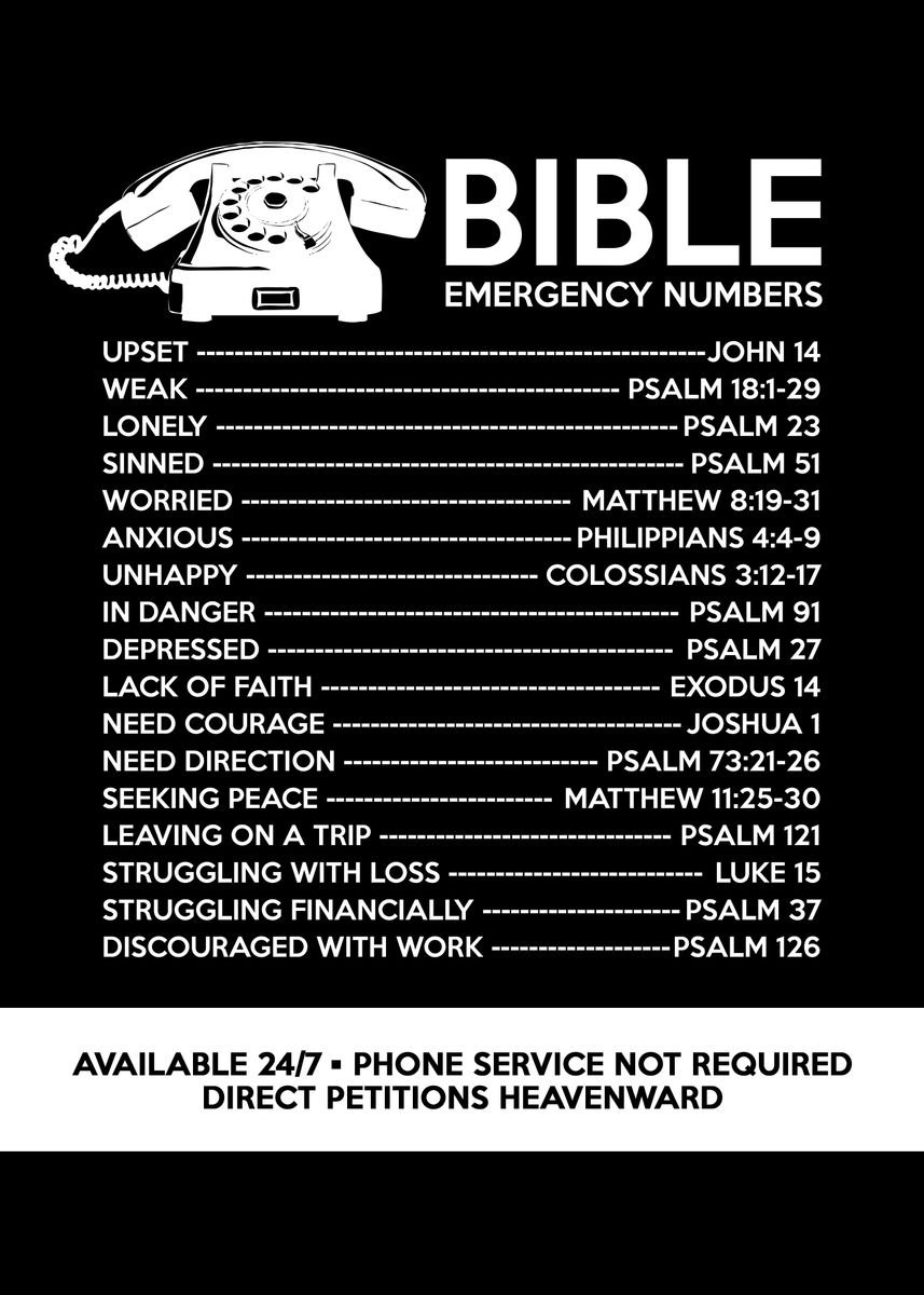 'Bible Emergency Numbers' Poster, picture, metal print, paint by ...