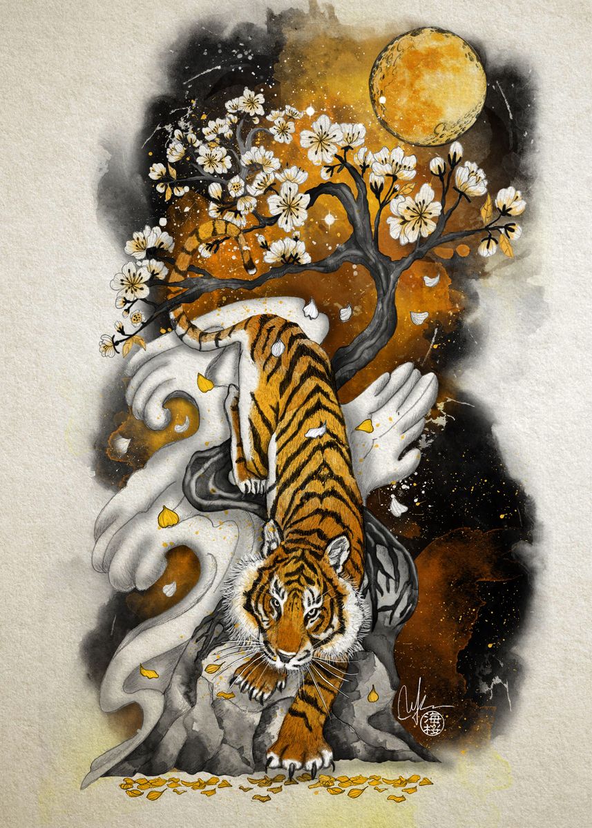 'The Tiger and the Moon' Poster, picture, metal print, paint by Marine ...