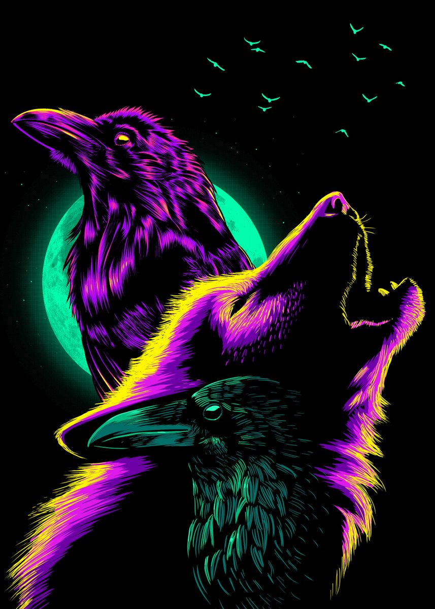 'Crows and wolf howling und' Poster, picture, metal print, paint by ...