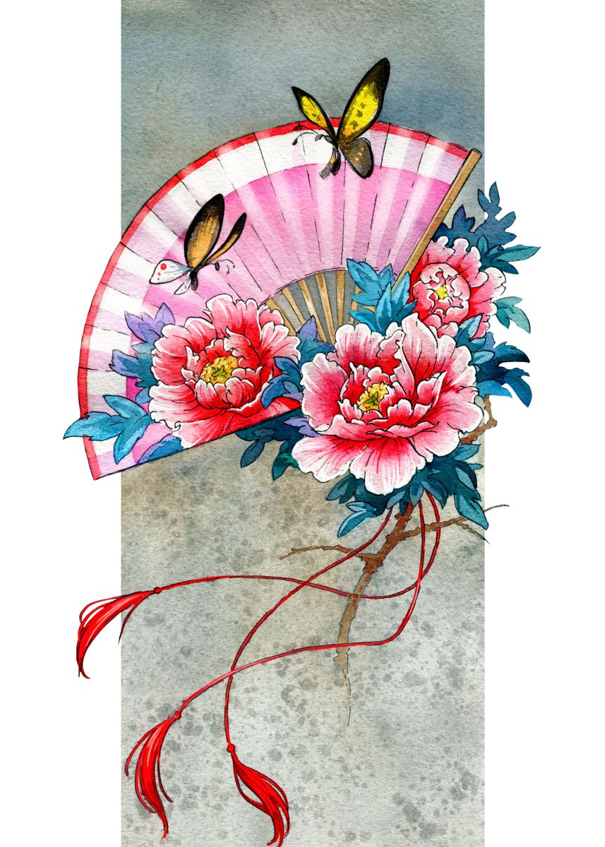 'Japanese pink fan ' Poster, picture, metal print, paint by Andreas ...