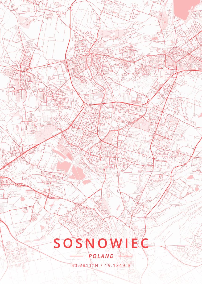 'Sosnowiec Poland' Poster, picture, metal print, paint by Designer Map ...