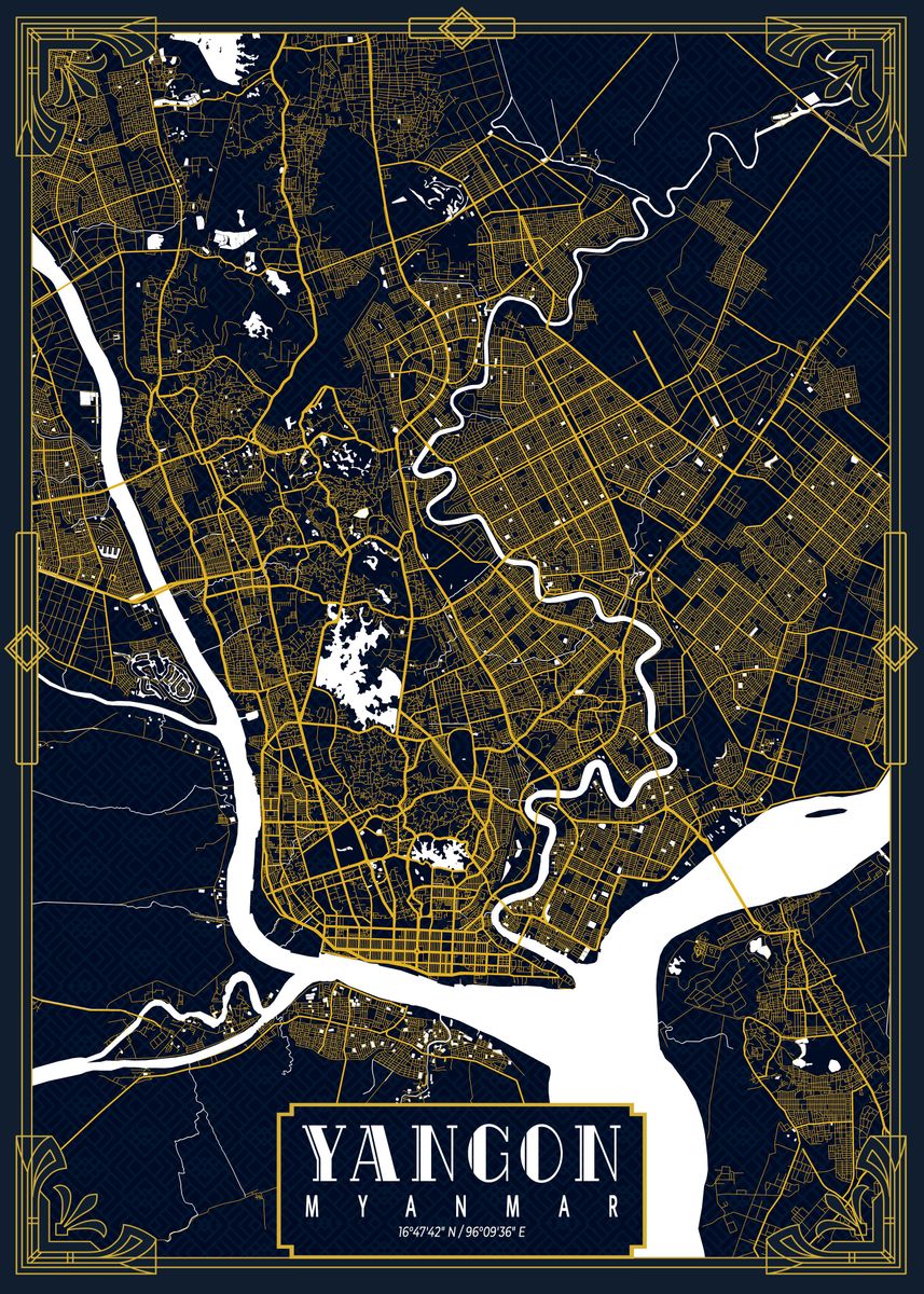 'Yangon City Map Gold' Poster, picture, metal print, paint by deMAP ...