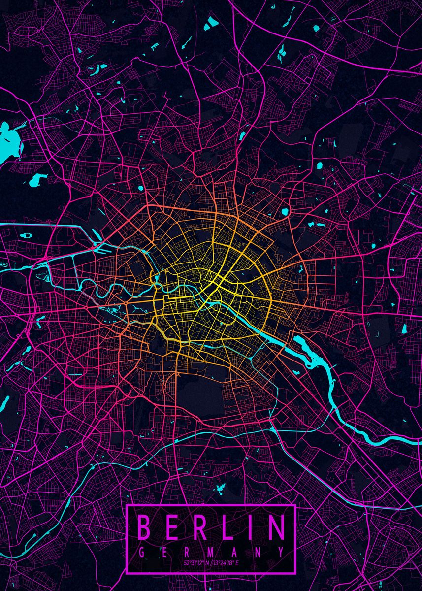 'Berlin City Map Neon' Poster, picture, metal print, paint by deMAP ...