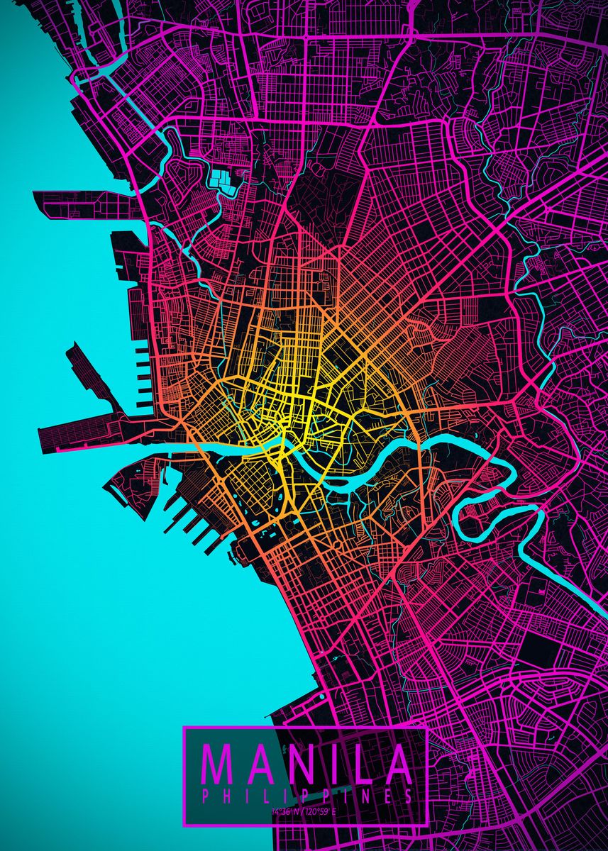 'Manila City Map Neon' Poster, picture, metal print, paint by deMAP ...