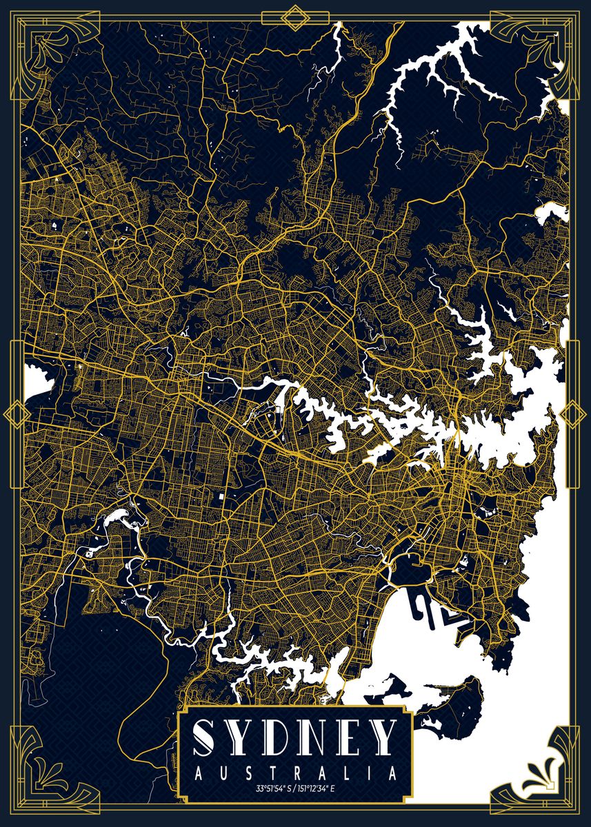 'Sydney City Map Art Deco' Poster, picture, metal print, paint by deMAP ...