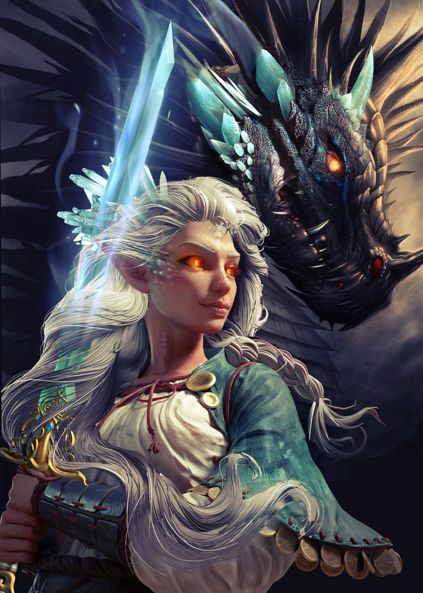 'Elf Dragon' Poster, picture, metal print, paint by ikaruna | Displate