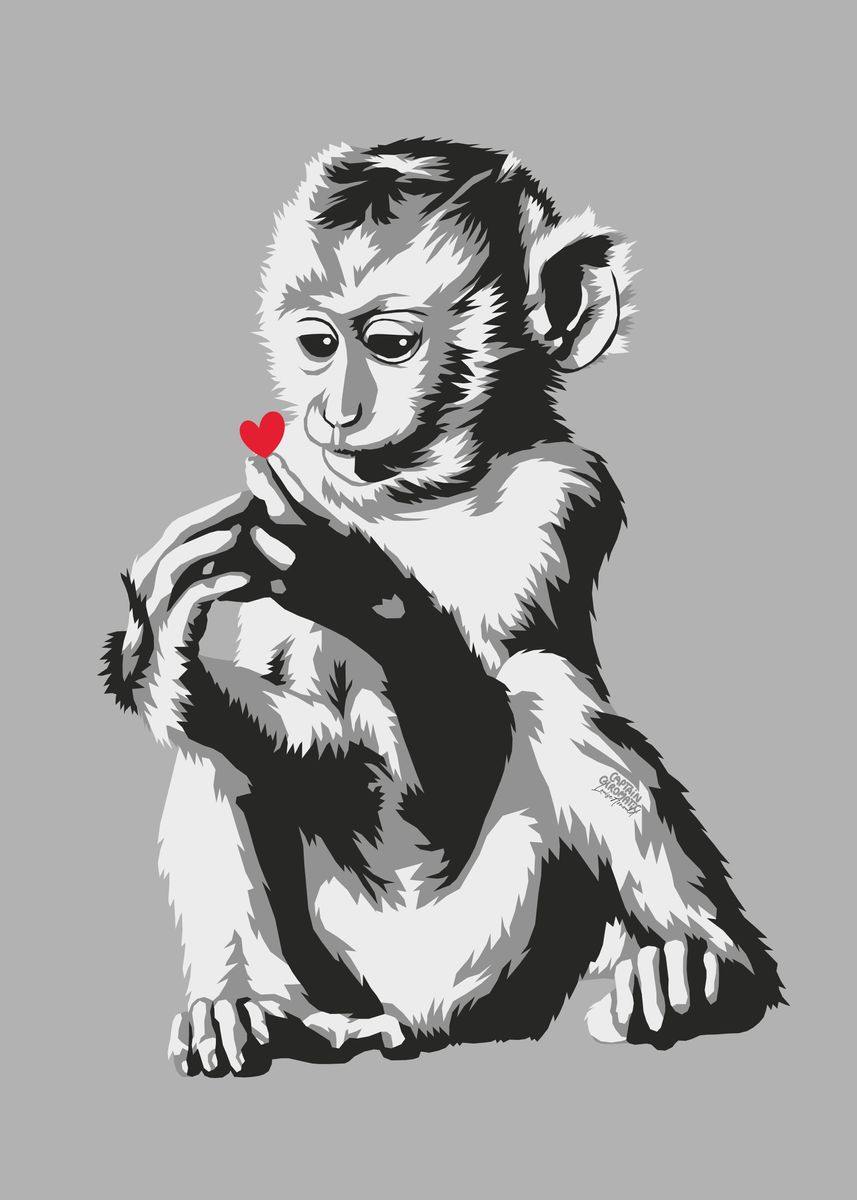 'Monkey red heart' Poster, picture, metal print, paint by Captain ...