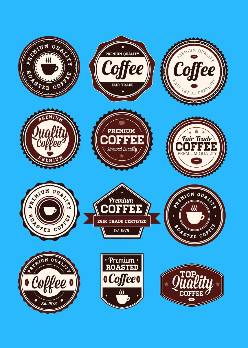 'Coffee Badges' Poster, picture, metal print, paint by arkitekta | Displate