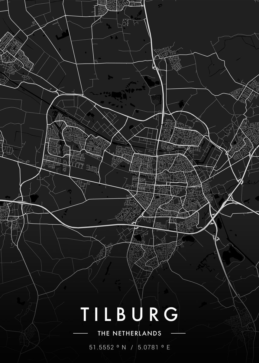 'Tilburg City Map Dark' Poster, picture, metal print, paint by MVDZ ...