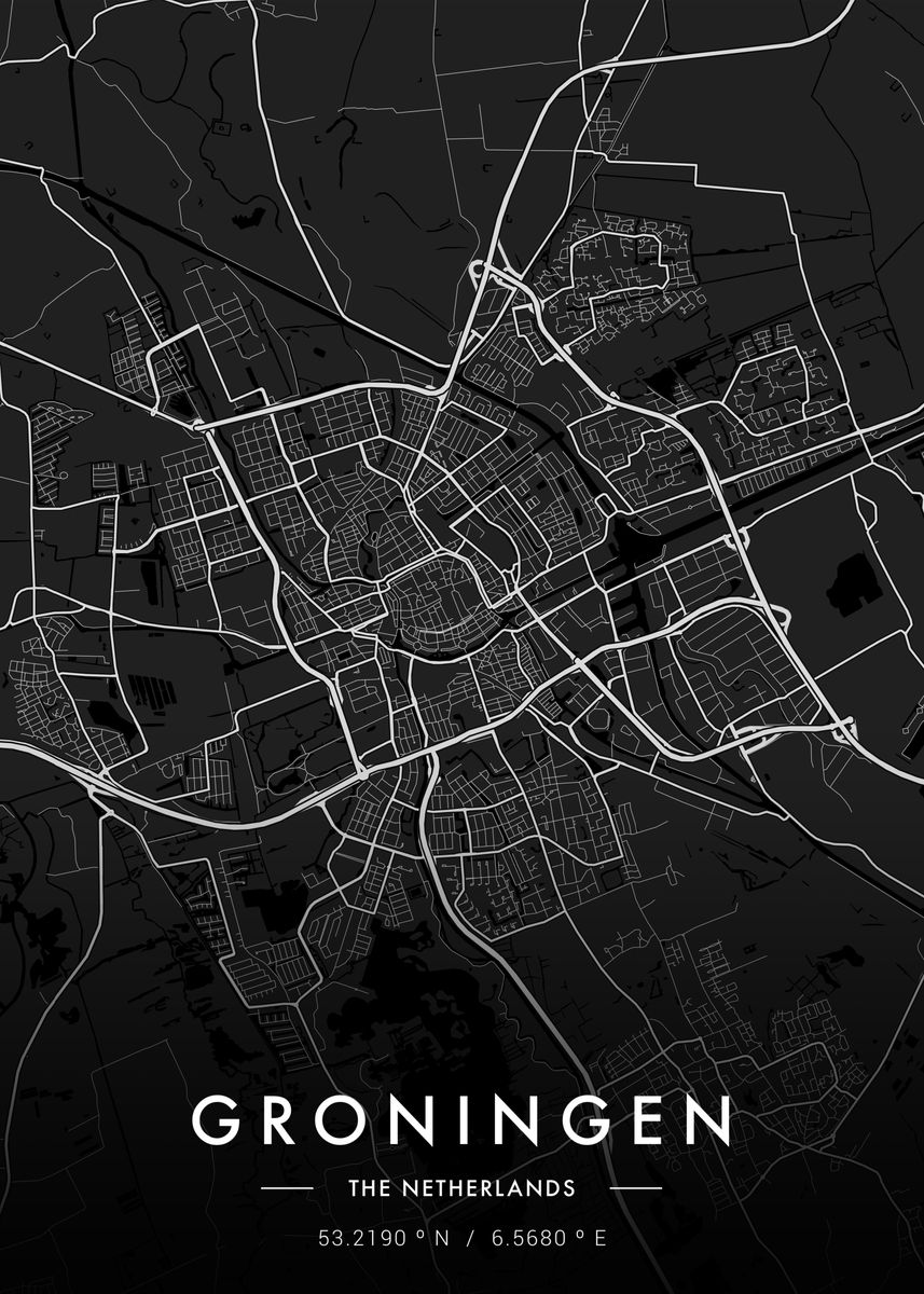 'Groningen City Map Dark' Poster, picture, metal print, paint by MVDZ ...