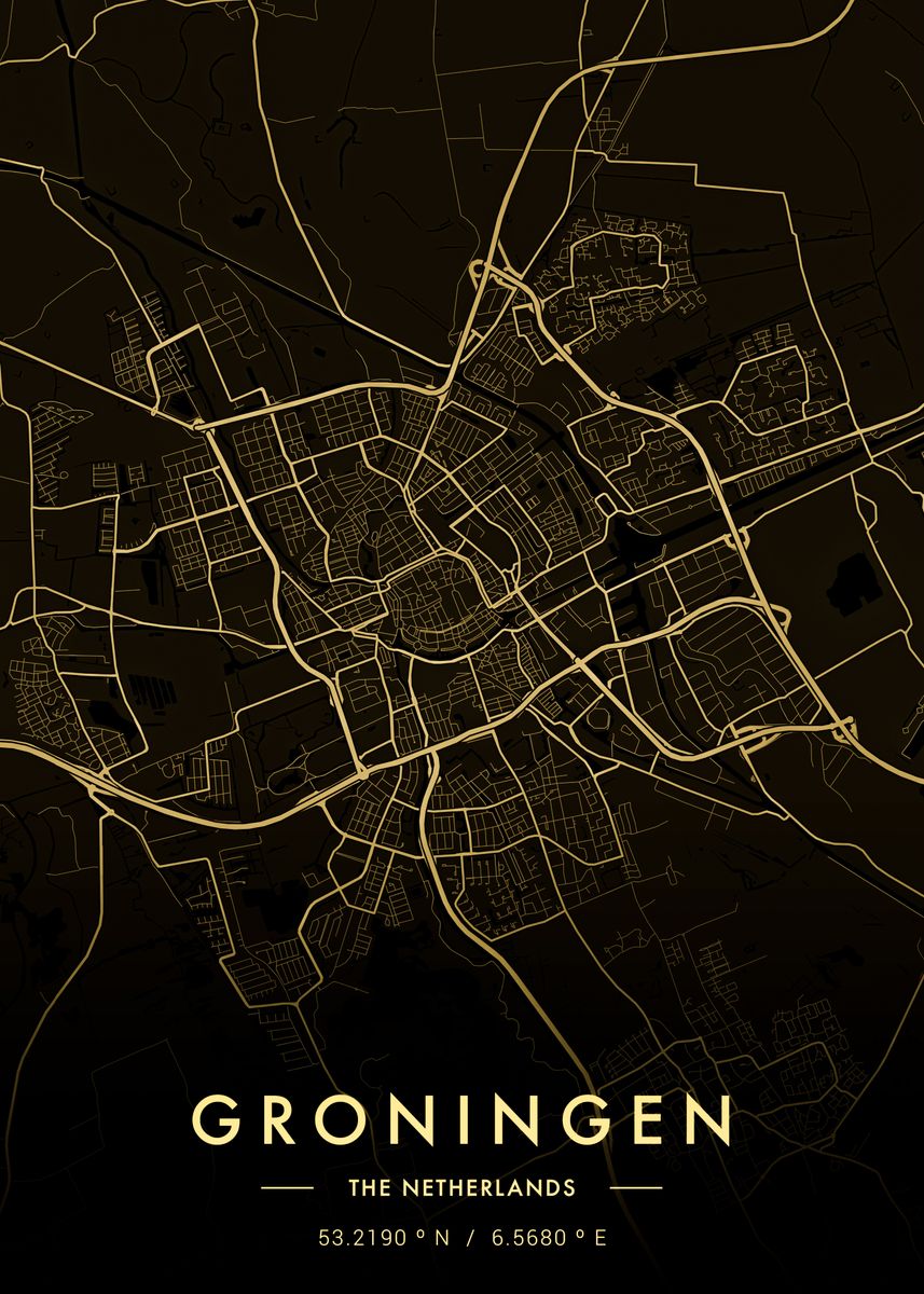 'Groningen City Map Gold' Poster, picture, metal print, paint by MVDZ ...