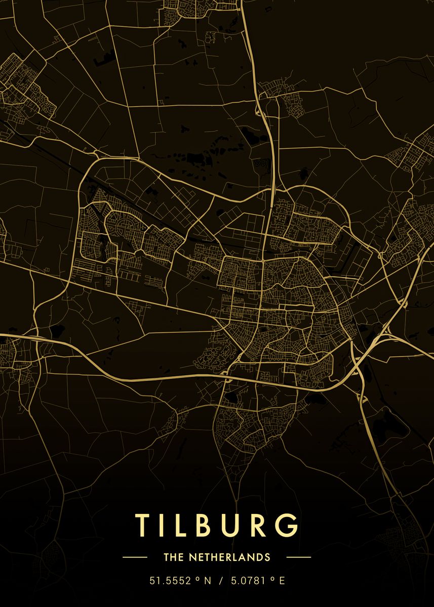 'Tilburg City Map Gold' Poster, picture, metal print, paint by MVDZ ...