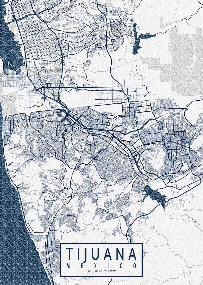 'Tijuana City Map Coastal' Poster, picture, metal print, paint by deMAP ...