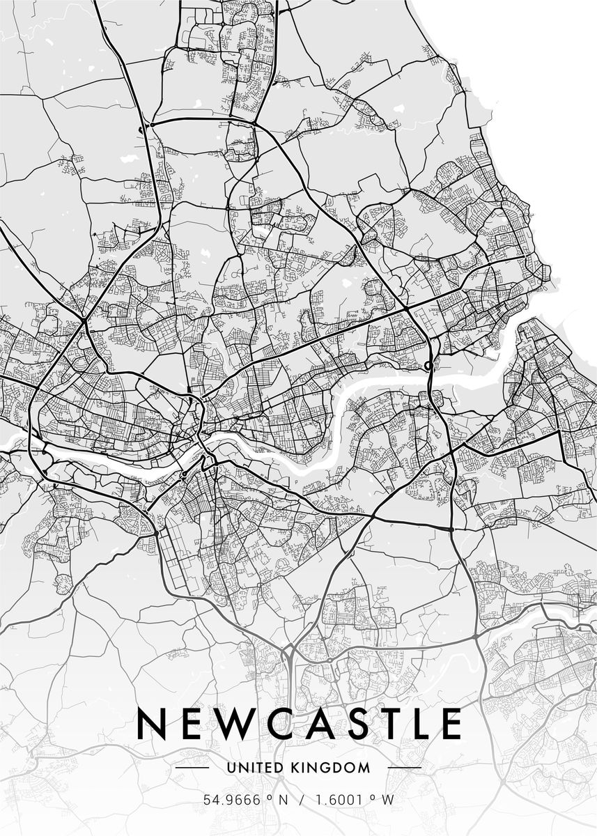 'Newcastle City Map White' Poster, picture, metal print, paint by MVDZ ...