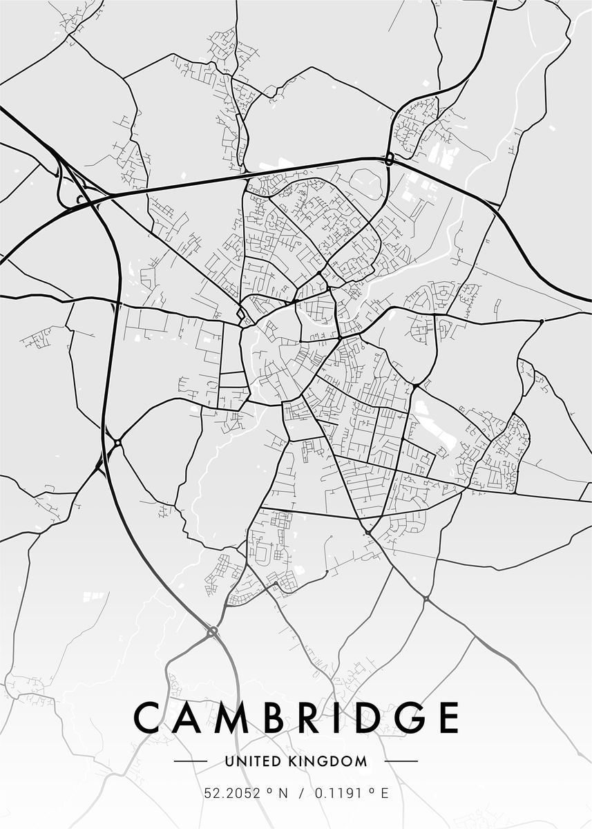 'Cambridge City Map White' Poster, picture, metal print, paint by MVDZ ...